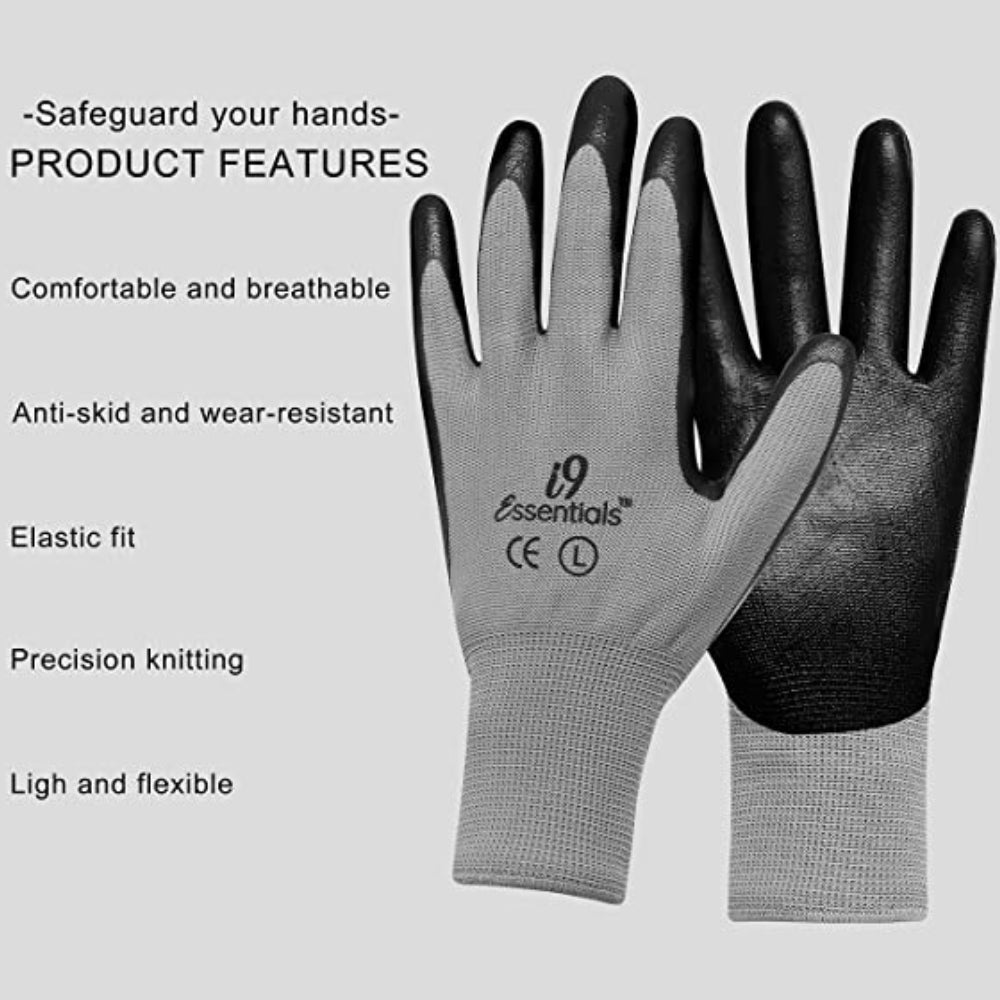 Grey Nitrile Coated Work Gloves - Large, (12 Pairs) | i9 Essentials ...